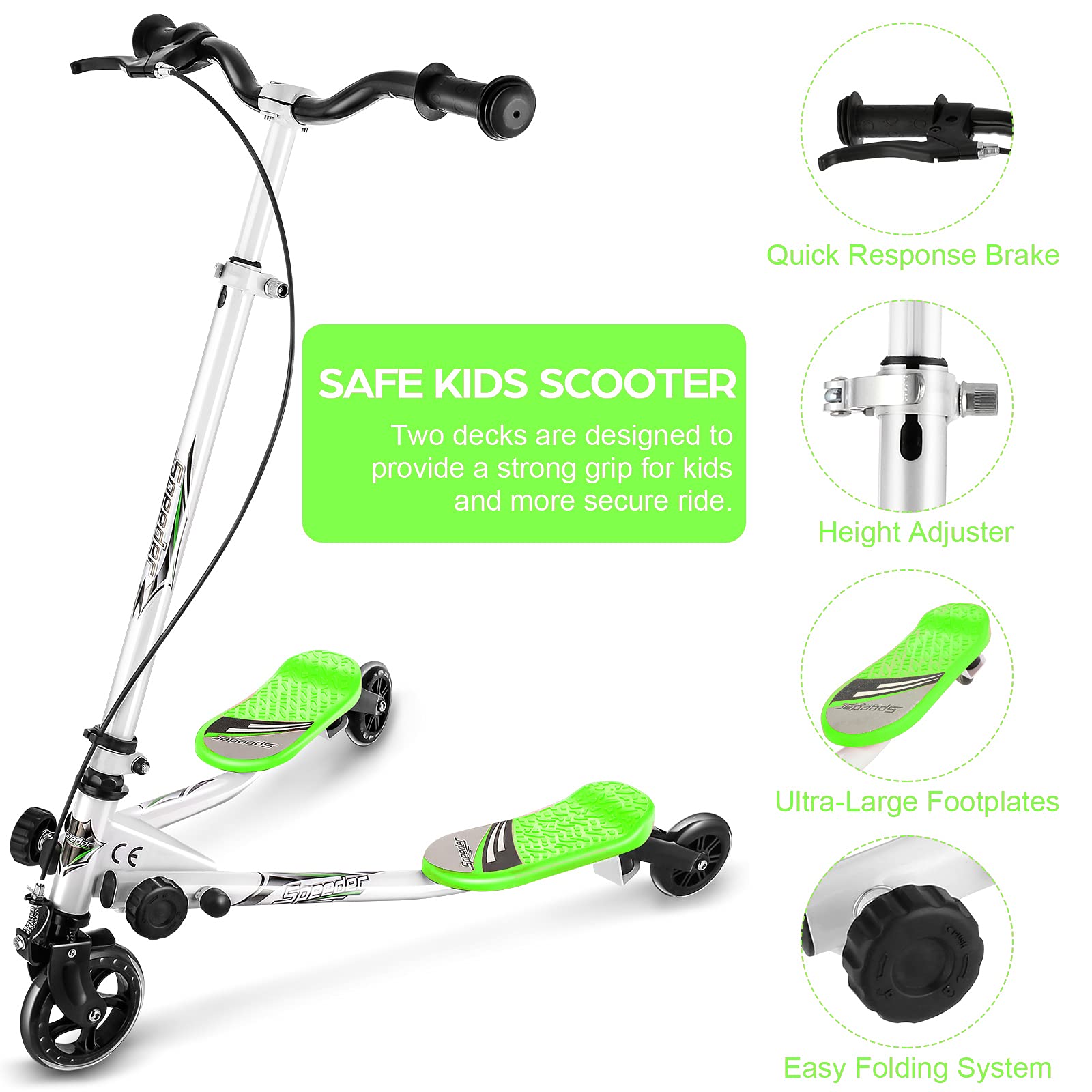 Foldable 3 Wheel Swing Wiggle Scooter with 3-Level Adjustable Height Handle and Quick-Release Folding System, Wiggle Scooter for Kids Ages 3-12