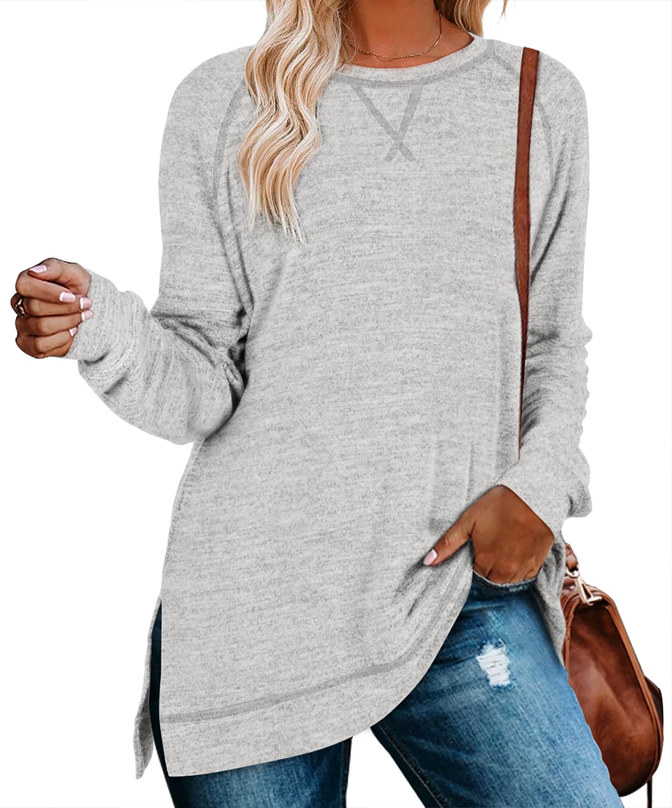 Aokosor Long Sleeve Shirts for Women 2024 Loose Casual Tunic Tops for Leggings Light Grey XL