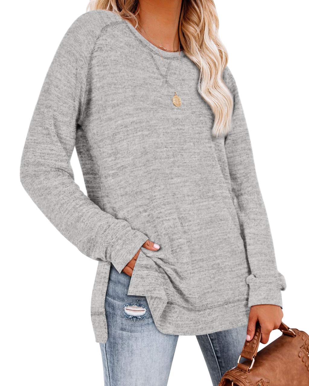 Aokosor Long Sleeve Shirts for Women 2024 Loose Casual Tunic Tops for Leggings Light Grey XL