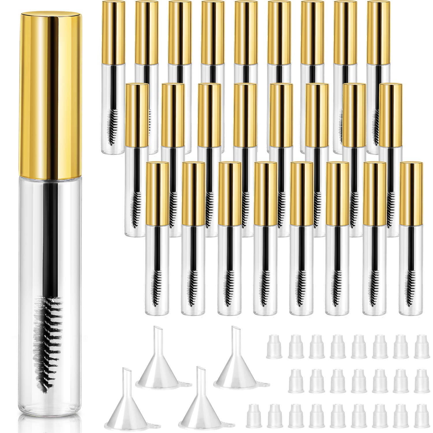 25 Pieces 10 ml Empty Mascara Tubes Wand Empty Eyelash Bottle Clear Refillable Mascara Container with 4 Pieces Funnels Transfer Pipettes for Castor Oil and DIY Cosmetics(Gold)