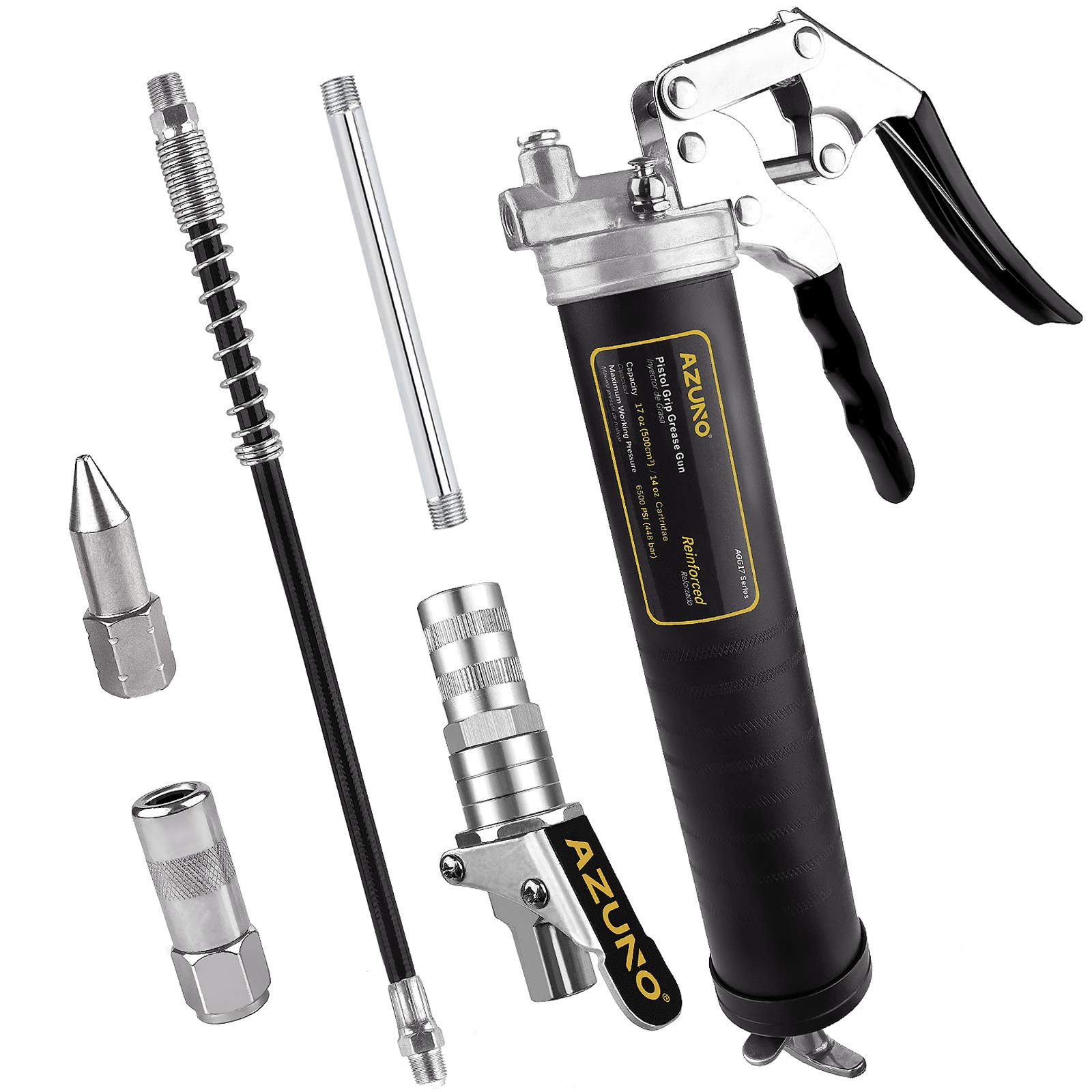 AZUNO Pistol Grip Grease Gun, 6500 PSI Heavy Duty Grease Guns with Flex Hose, Metal Extension, Professional Coupler and Sharp Nozzle