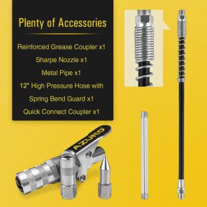 AZUNO Pistol Grip Grease Gun, 6500 PSI Heavy Duty Grease Guns with Flex Hose, Metal Extension, Professional Coupler and Sharp Nozzle