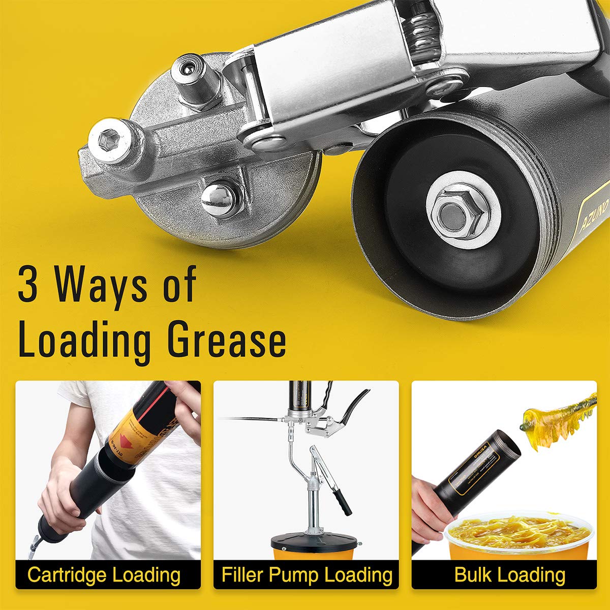 AZUNO Pistol Grip Grease Gun, 6500 PSI Heavy Duty Grease Guns with Flex Hose, Metal Extension, Professional Coupler and Sharp Nozzle