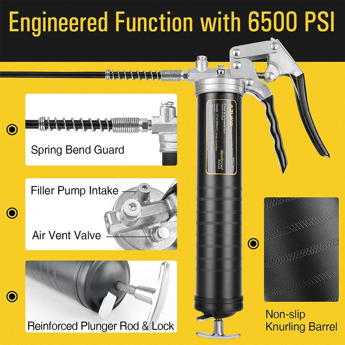 AZUNO Pistol Grip Grease Gun, 6500 PSI Heavy Duty Grease Guns with Flex Hose, Metal Extension, Professional Coupler and Sharp Nozzle