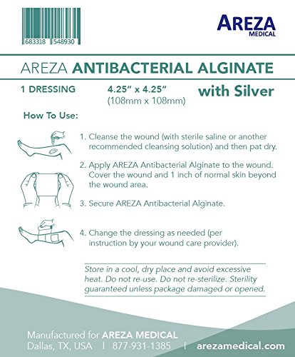 Silver Alginate (Antibacterial Alginate with Silver) 4.25"x4.25" Sterile; 10 Wound Dressings Per Box (1 Box) Areza Medical