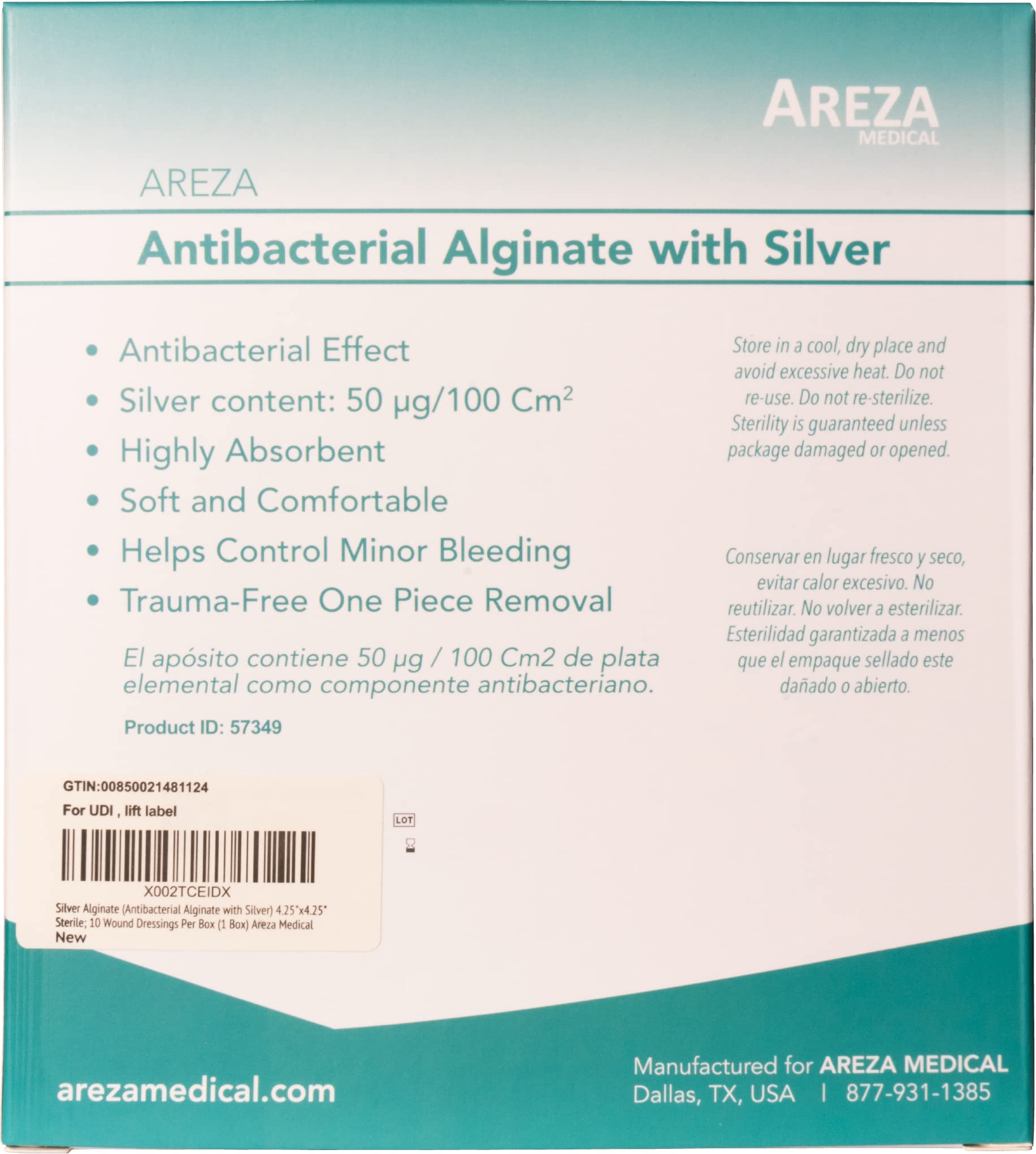 Silver Alginate (Antibacterial Alginate with Silver) 4.25"x4.25" Sterile; 10 Wound Dressings Per Box (1 Box) Areza Medical