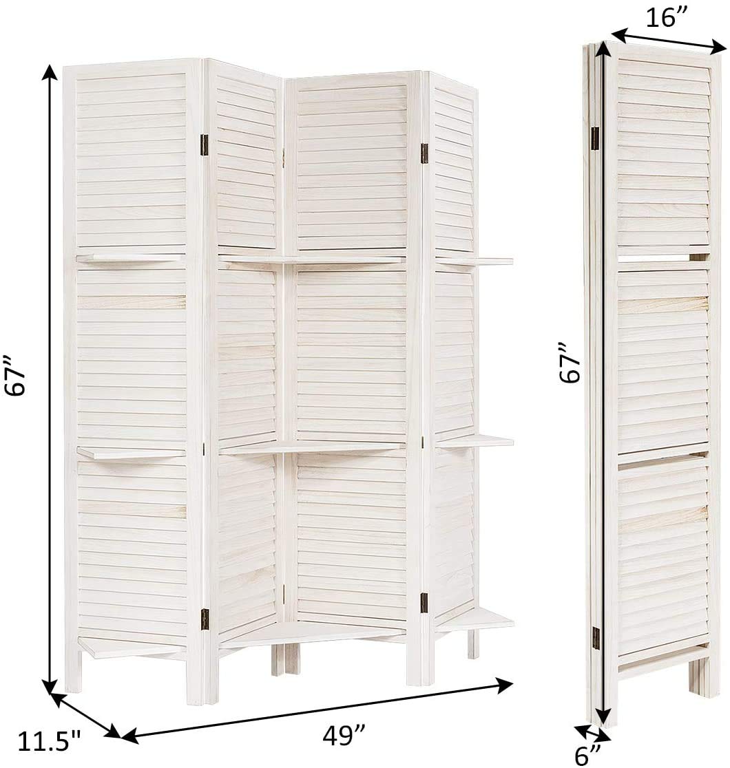 Happygrill 4-Panels Wooden Room Divider with Display Shelf, Folding Privacy Room Dividers Screen for Home Office, 5.6 Ft Tall