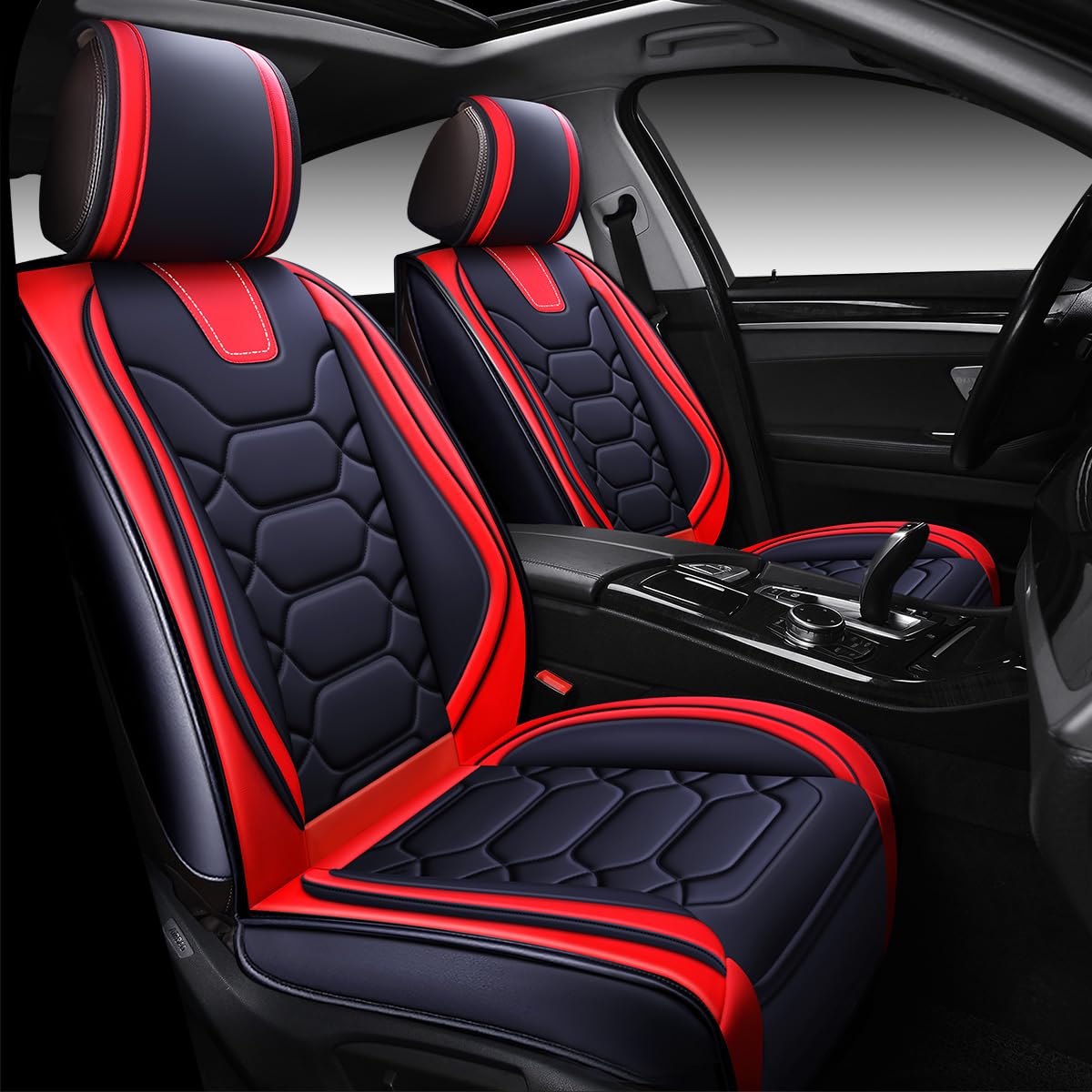 OASIS AUTO Car Seat Covers Premium Waterproof Faux Leather Cushion Universal Accessories Fit SUV Truck Sedan Automotive Vehicle Auto Interior Protector Full Set (OS-004 Black&Red)