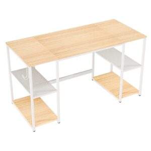 domy home 53" computer desk student kids writing desk laptop desks w 2 large storage shelves white craft desktop pc table for bedroom home office study dormitory, headphone hook, easy assembly, oak