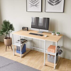 DOMY HOME 53" Computer Desk Student Kids Writing Desk Laptop Desks w 2 Large Storage Shelves White Craft Desktop PC Table for Bedroom Home Office Study Dormitory, Headphone Hook, Easy Assembly, Oak