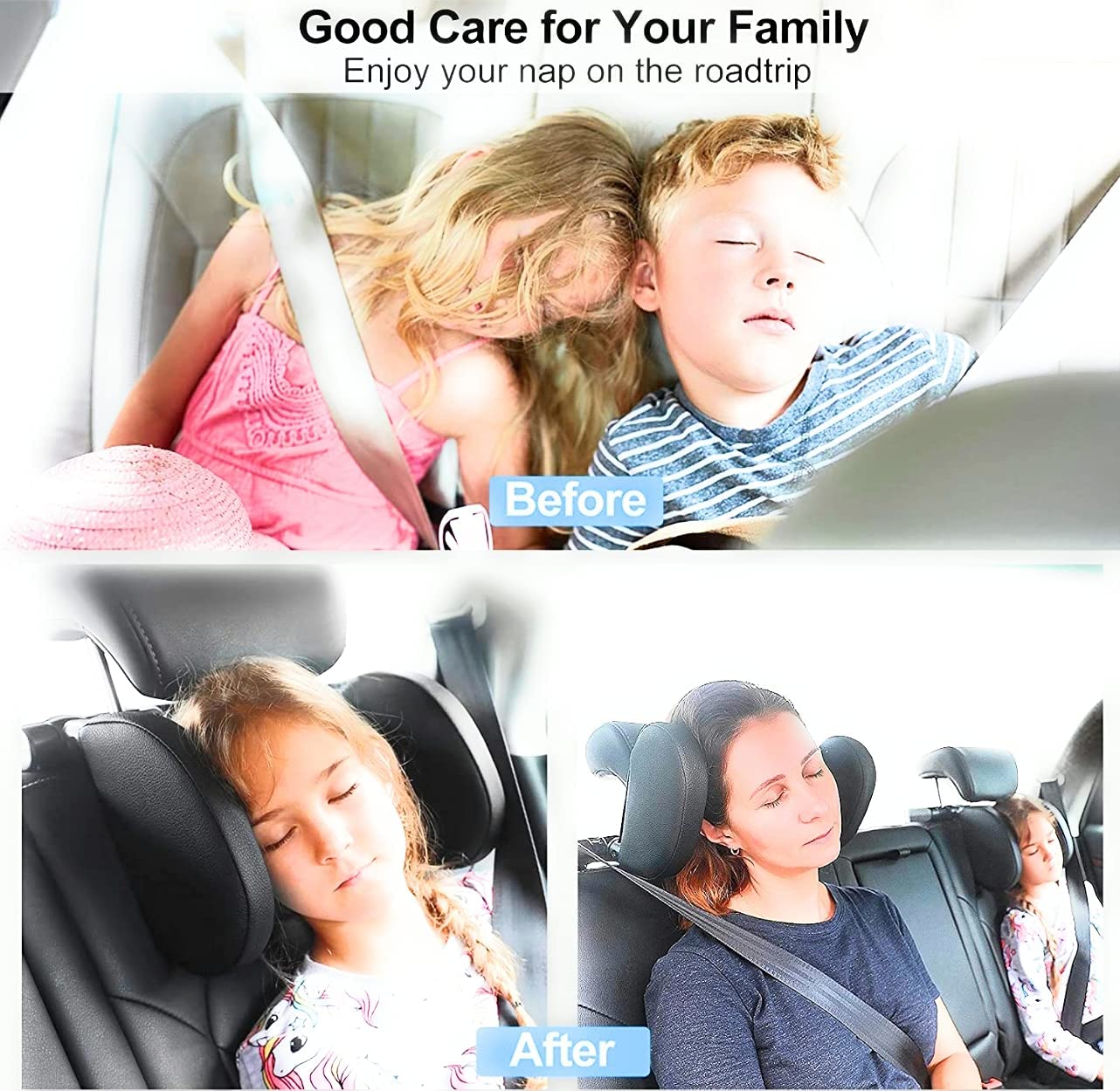 Car Headrest Pillow - Adjustable Car Seat Headrest Pillows with Memory Foam for Cushion & Support - U Shaped Car Neck Pillow & Head Rest for Sleeping Comfort - Universal Fit for All Ages & Heights