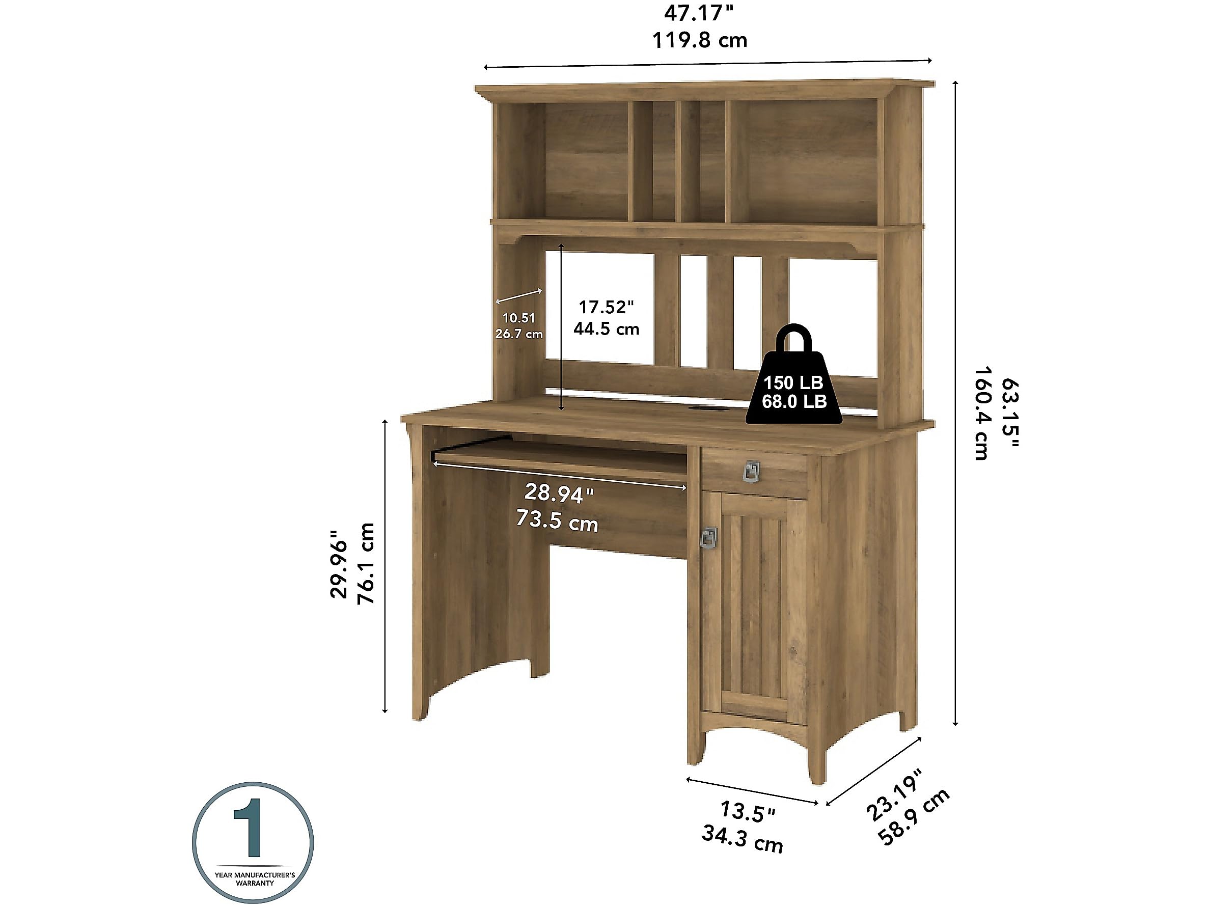 Bush Furniture Salinas Computer Desk with Hutch | Study Table with Drawers, Cabinets & Pullout Keyboard/Laptop Tray | Modern Home Office Desk in Reclaimed Pine | Work Desk with Storage