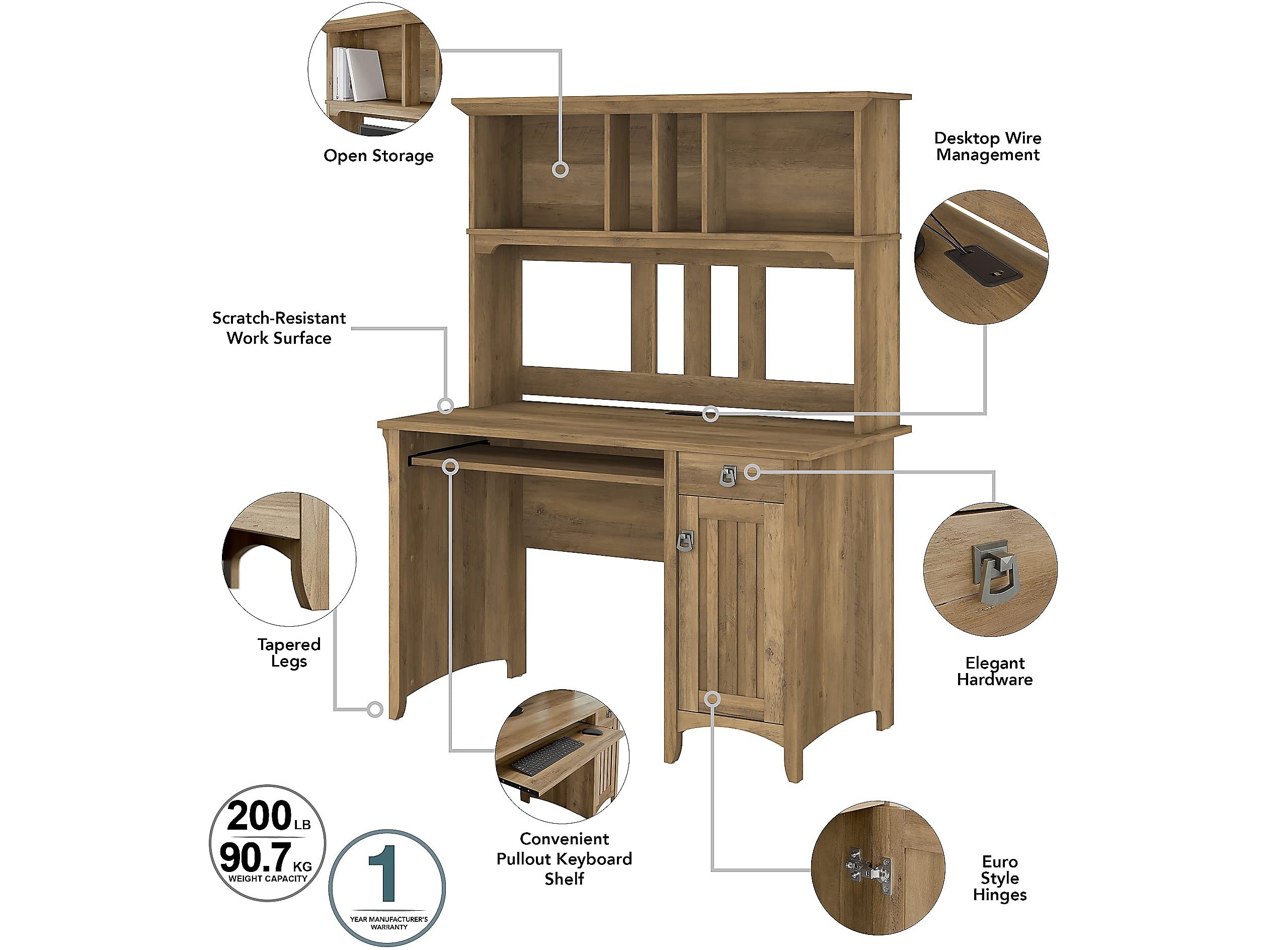 Bush Furniture Salinas Computer Desk with Hutch | Study Table with Drawers, Cabinets & Pullout Keyboard/Laptop Tray | Modern Home Office Desk in Reclaimed Pine | Work Desk with Storage