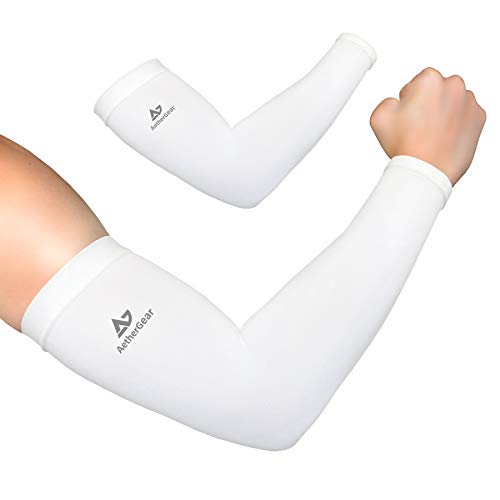 AetherGear Compression Arm Sleeve (2 pack) - Men and Women for Basketball, Volleyball, Tennis, Golf, Baseball, UV Protection (White)