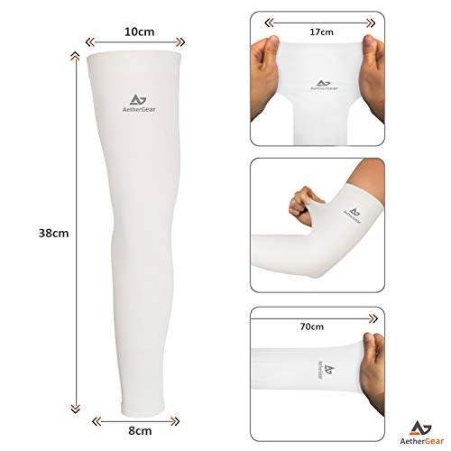 AetherGear Compression Arm Sleeve (2 pack) - Men and Women for Basketball, Volleyball, Tennis, Golf, Baseball, UV Protection (White)