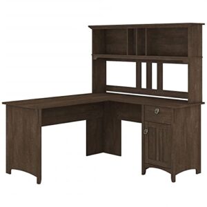 bush furniture salinas l shaped desk with hutch in ash brown | corner table with drawers and storage for home office