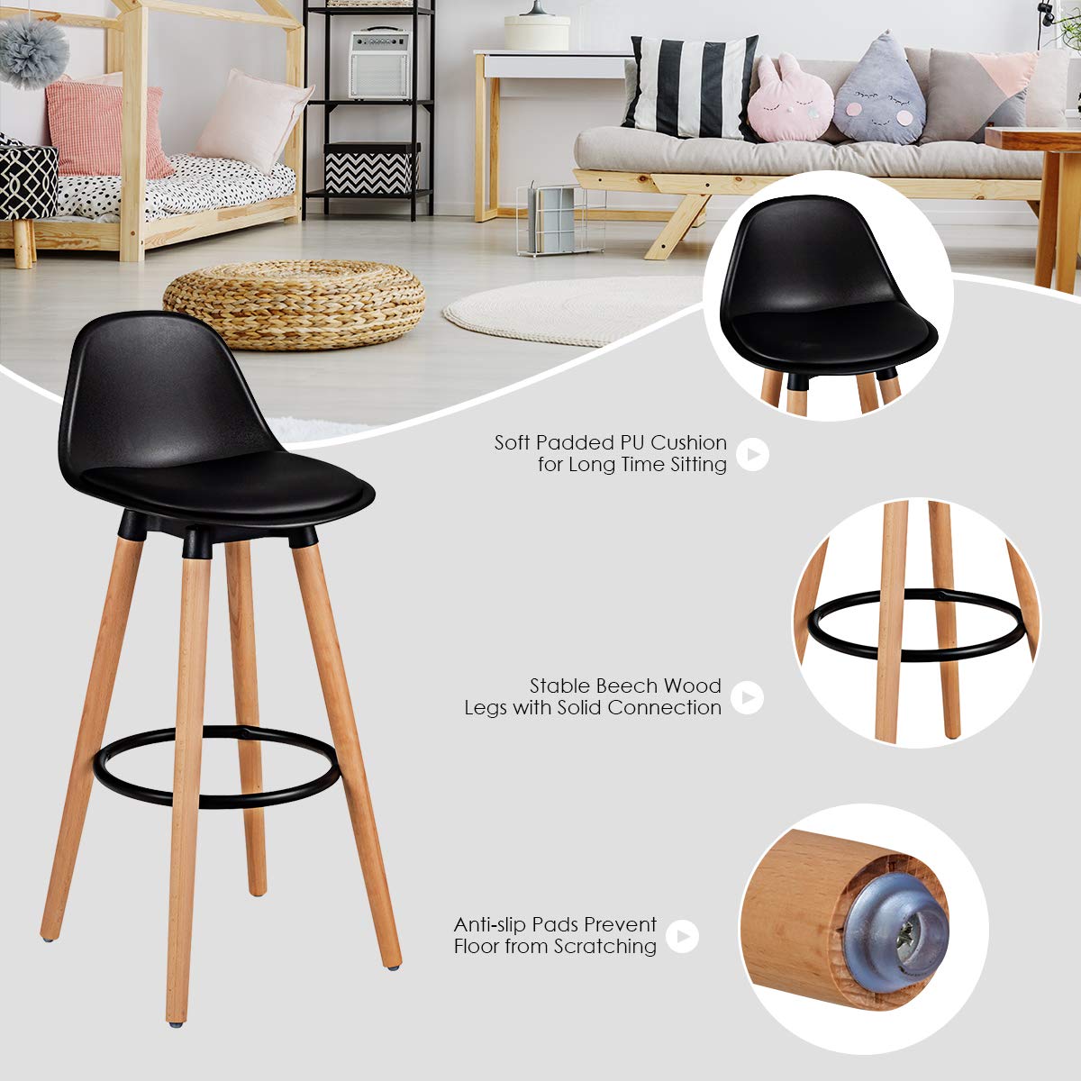 COSTWAY Bar Stools Set of 4, Modern Armless Kitchen Stool with Soft PU Leather Seat, Bar Height Stool with Round Metal Footrest & Comfortable Curved Backrest for Home, Dining Hall (Black, 4)