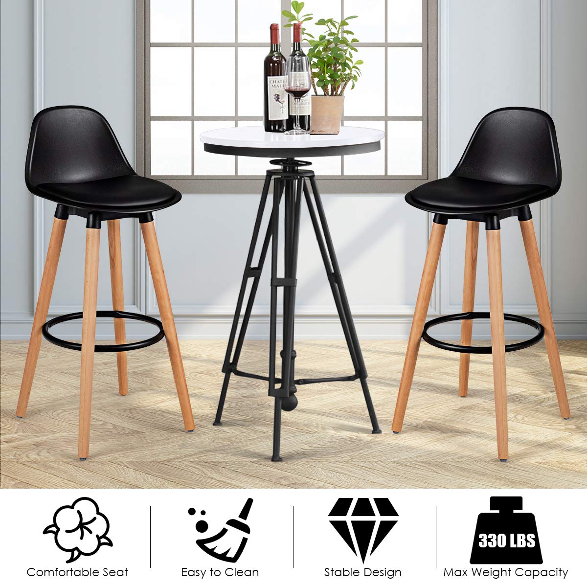 COSTWAY Bar Stools Set of 4, Modern Armless Kitchen Stool with Soft PU Leather Seat, Bar Height Stool with Round Metal Footrest & Comfortable Curved Backrest for Home, Dining Hall (Black, 4)