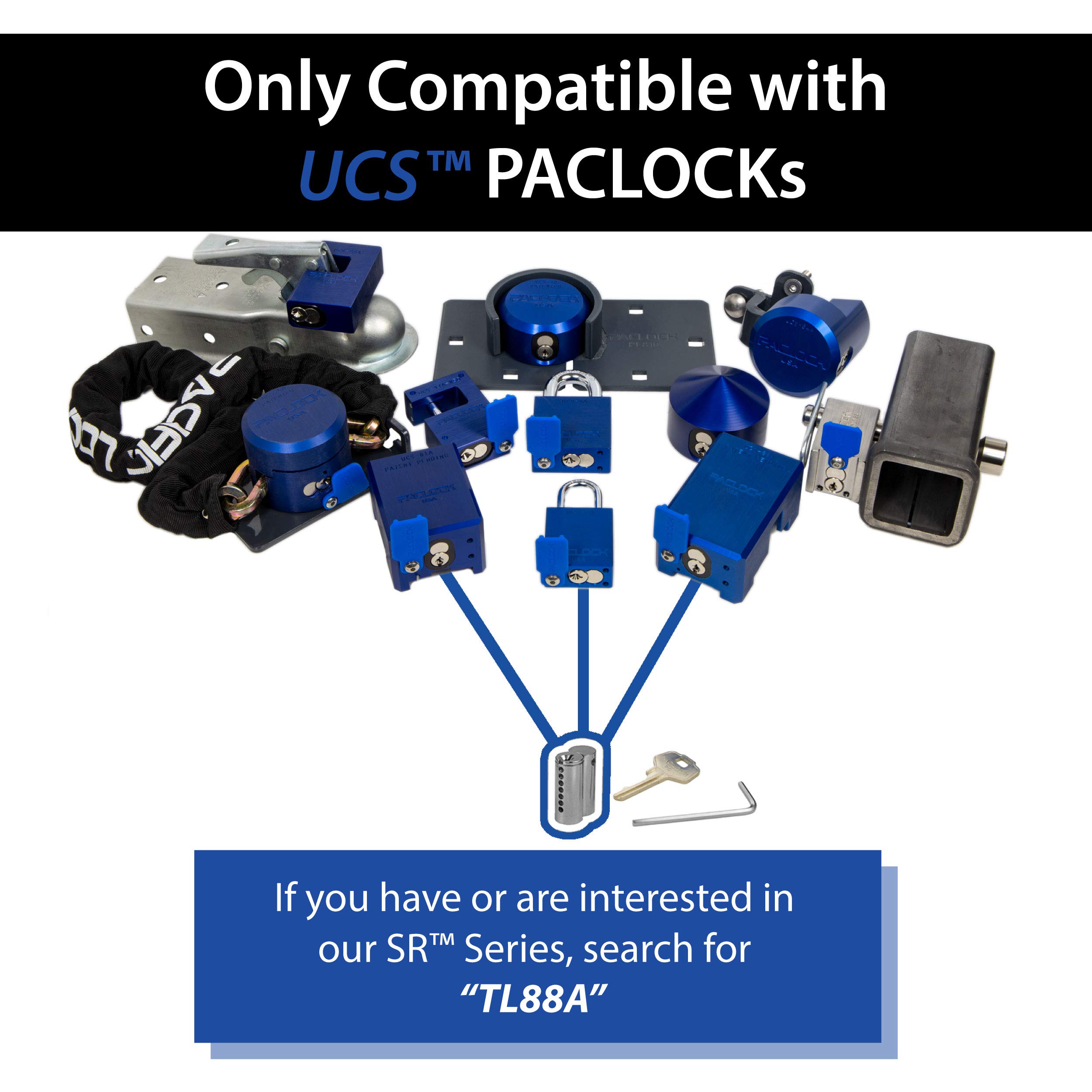 PACLOCK's UCS-88A Trailer Coupler Lock, Buy American Act Compliant, Blue Anodized Aluminum, High Security 6-Pin Cylinder, One Lock Keyed to a Number U-Pick! w/ 2 Keys, Hidden Shackle