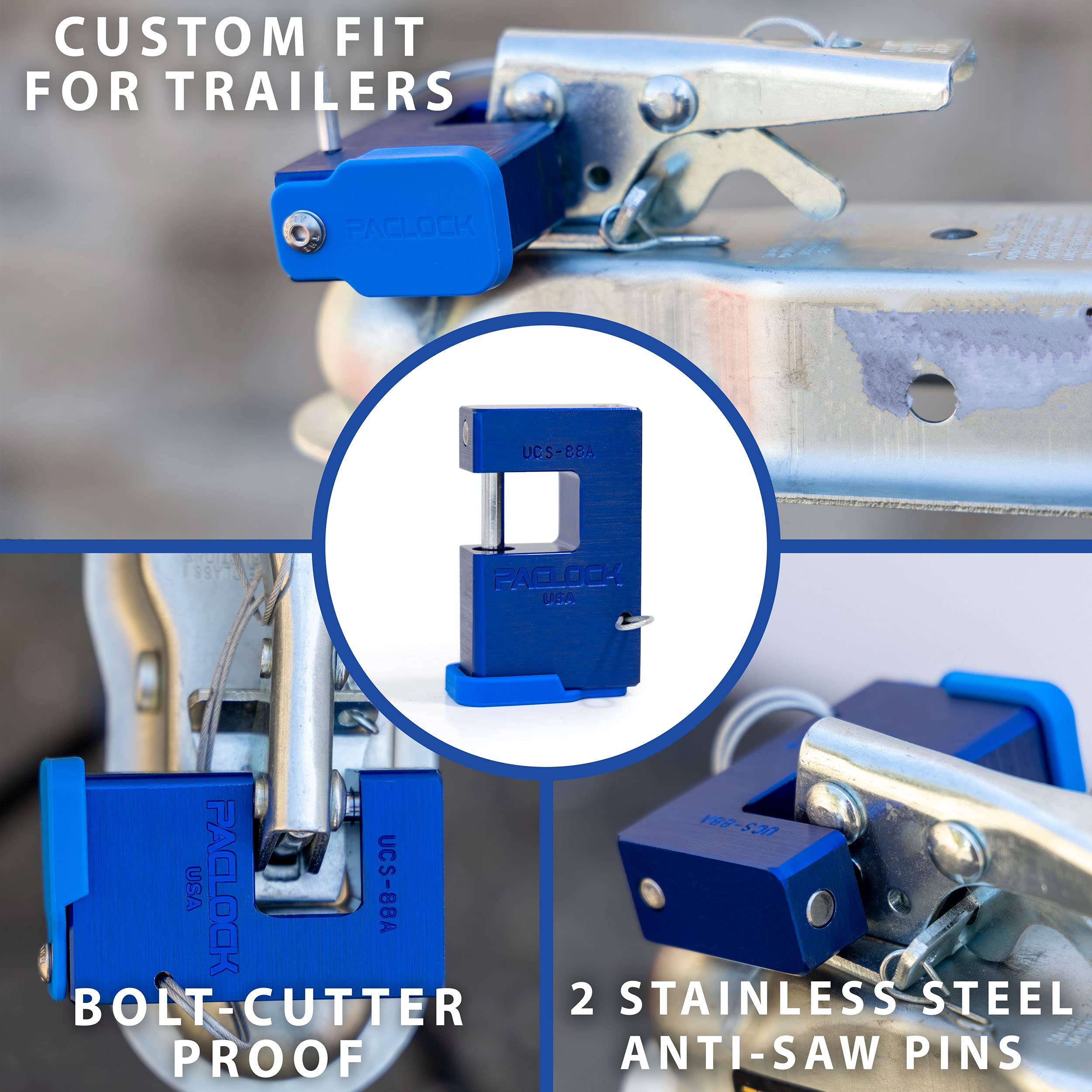 PACLOCK's UCS-88A Trailer Coupler Lock, Buy American Act Compliant, Blue Anodized Aluminum, High Security 6-Pin Cylinder, One Lock Keyed to a Number U-Pick! w/ 2 Keys, Hidden Shackle