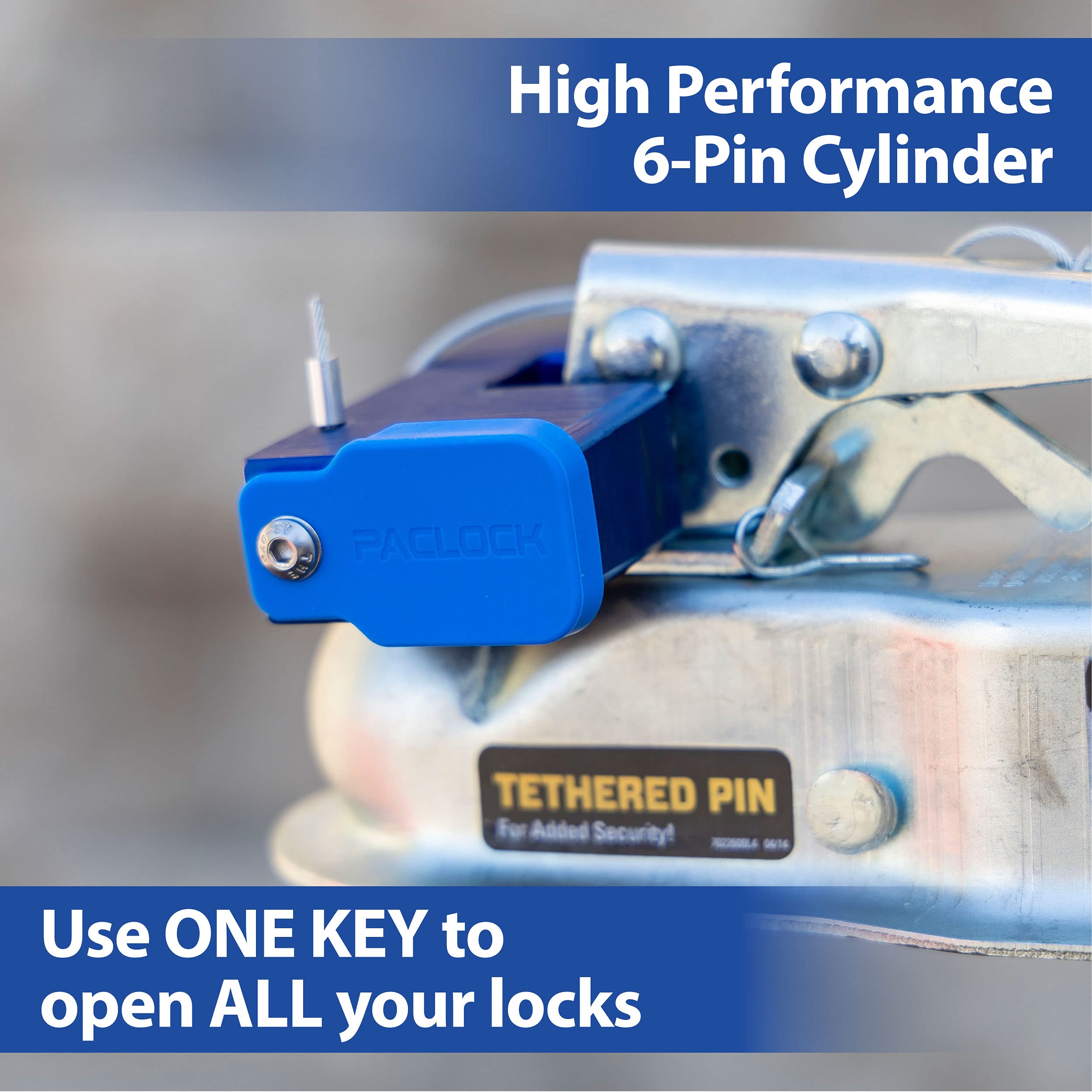 PACLOCK's UCS-88A Trailer Coupler Lock, Buy American Act Compliant, Blue Anodized Aluminum, High Security 6-Pin Cylinder, One Lock Keyed to a Number U-Pick! w/ 2 Keys, Hidden Shackle