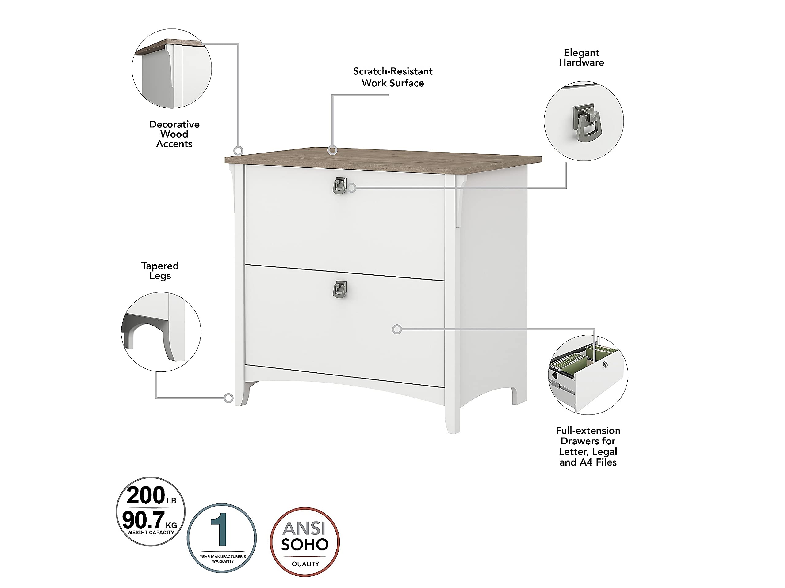 Bush Furniture Salinas 2 Drawer Lateral File Cabinet in Pure White and Shiplap Gray