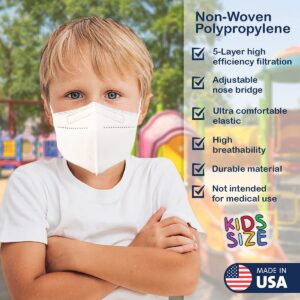 5 Layer Protection Breathable Kids Face Mask - Made in USA - Designed for Children Comfortable Elastic Ear Loop (5 pcs, White)