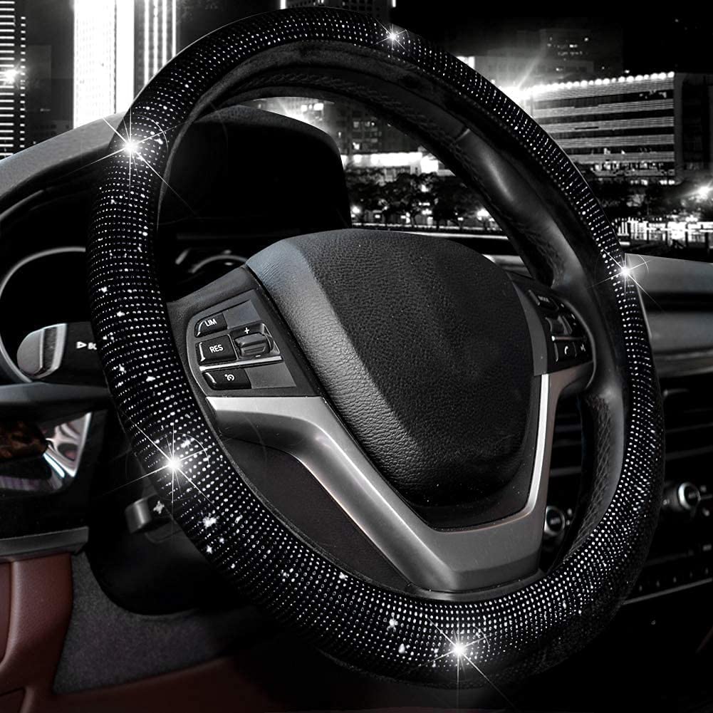 Valleycomfy Steering Wheel Cover for Women Men Bling Bling Crystal Diamond Sparkling Car SUV Wheel Protector Universal Fit 15 Inch (Black with Black Diamond, Standard Size(14" 1/2-15" 1/4))