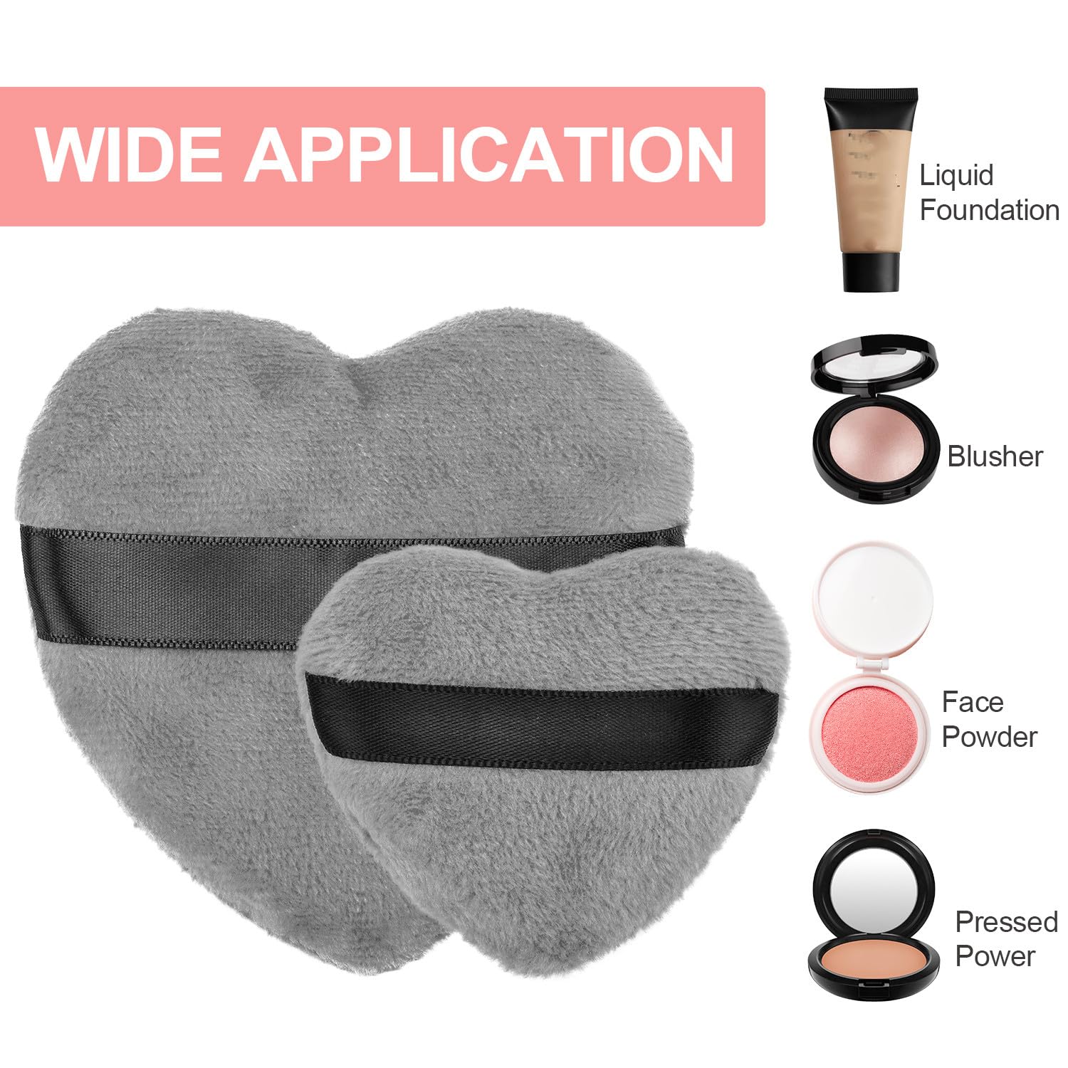 OIIKI 4PCS Makeup Puffs, Cotton Powder Puff, Makeup Tool Sponges Blender, in Love Shape with Strap, for Cosmetic (2PCS Gray+2PCS Rose)