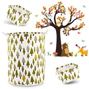 shiny blue woodland nursery decor set (4pce) laundry basket, 2 small storage baskets & forest animal wall decal - tree print laundry hamper & storage bins - diy wall decal sticker - woodland decor