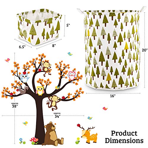 Shiny Blue Woodland Nursery Decor Set (4pce) Laundry Basket, 2 Small Storage Baskets & Forest Animal Wall Decal - Tree Print Laundry Hamper & Storage Bins - DIY Wall Decal Sticker - Woodland Decor