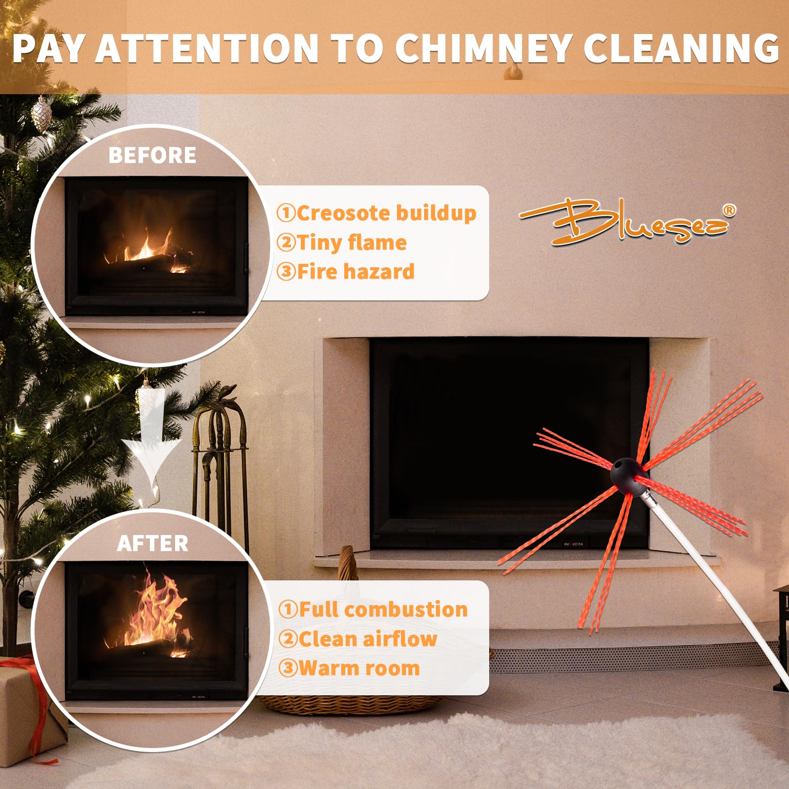 Bluesea 30 Feet Chimney Sweep Kit, Ergonomic Chimney Cleaning Kit, Extends Up to 30 Feet, Chimney Cleaner, Chimney Cleaning Tools, Chimney Cleaning System with Strong Brush, 9 Flexible Chimney Rods