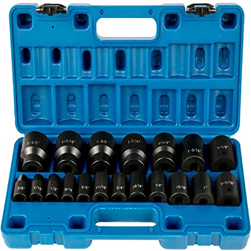 VEVOR Impact Drive Socket Set 1/2 Inches 19 Piece Impact Sockets SAE, Standard Socket Assortment, (3/8 Inches to 1-1/2 Inches) 6-point Hex Sockets