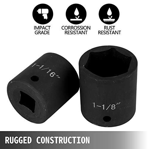 VEVOR Impact Drive Socket Set 1/2 Inches 19 Piece Impact Sockets SAE, Standard Socket Assortment, (3/8 Inches to 1-1/2 Inches) 6-point Hex Sockets