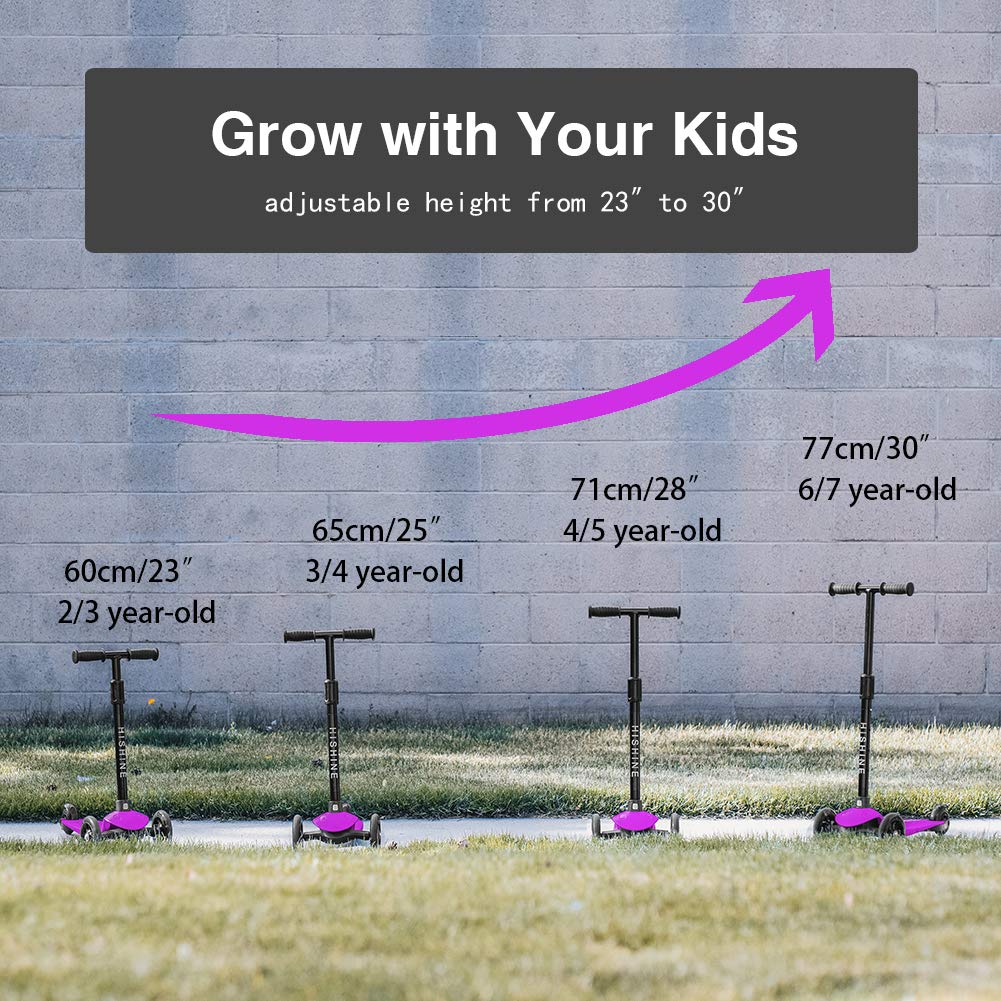 Hishine Kick Scooter for Kids with 3 Light up Wheels and Adjustable Height for 2-7 Years Old Ages Girls Boys Toddlers & Children,Lean to Steer, 3-Wheeled Scooters (12-PURPLE1)