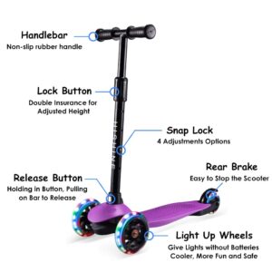 Hishine Kick Scooter for Kids with 3 Light up Wheels and Adjustable Height for 2-7 Years Old Ages Girls Boys Toddlers & Children,Lean to Steer, 3-Wheeled Scooters (12-PURPLE1)