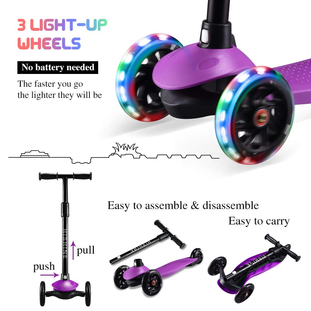 Hishine Kick Scooter for Kids with 3 Light up Wheels and Adjustable Height for 2-7 Years Old Ages Girls Boys Toddlers & Children,Lean to Steer, 3-Wheeled Scooters (12-PURPLE1)