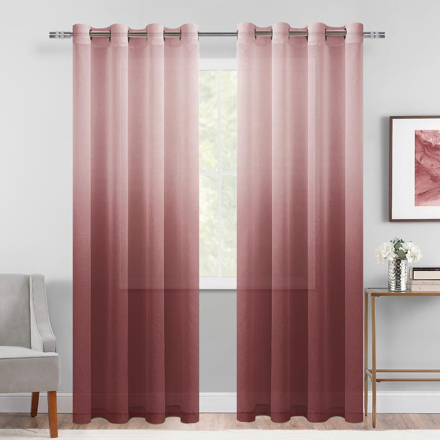 DWCN Faux Linen Ombre Sheer Curtains - Gradient Semi Voile Grommet Top Window Curtains for Bedroom and Living Room, Set of 2 Panels, 52 x 84 Inches Long, Burgundy