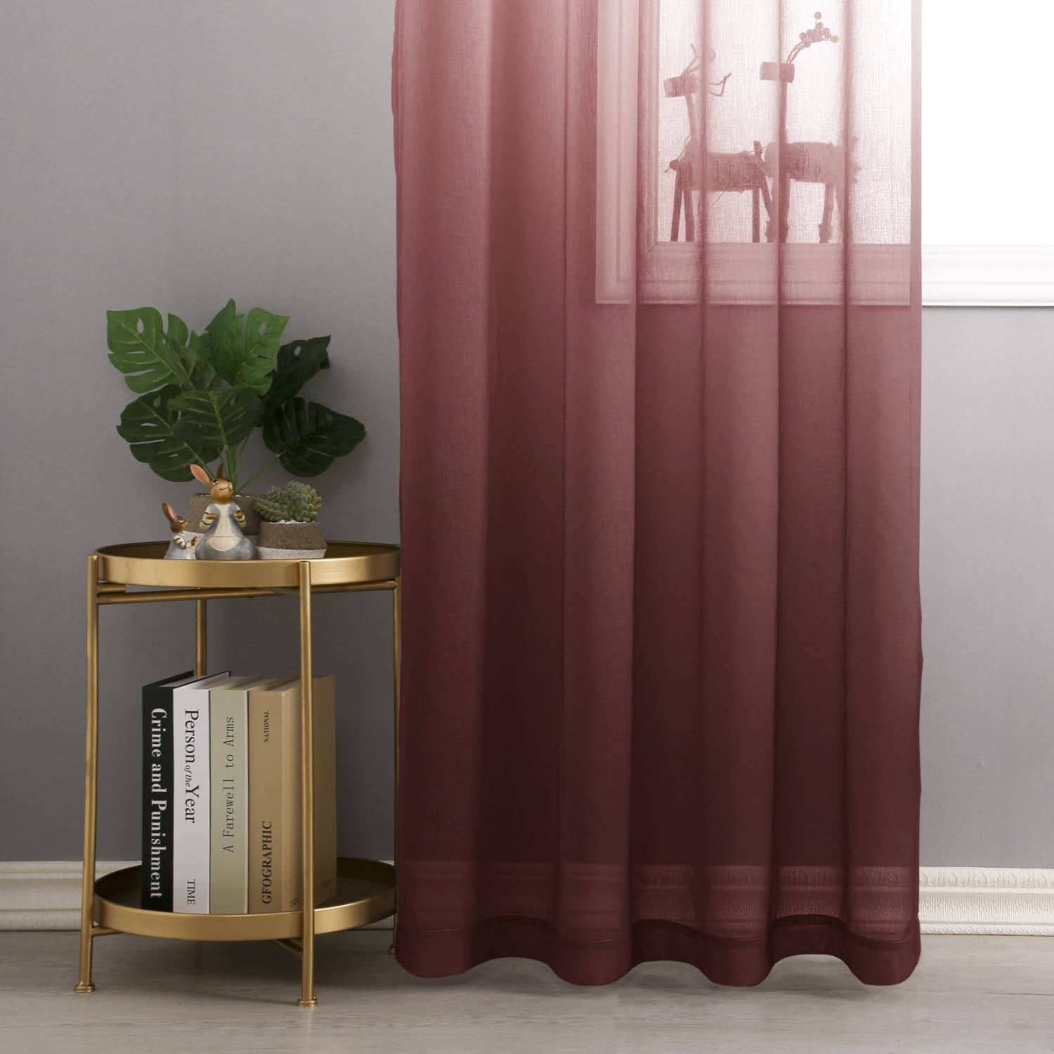 DWCN Faux Linen Ombre Sheer Curtains - Gradient Semi Voile Grommet Top Window Curtains for Bedroom and Living Room, Set of 2 Panels, 52 x 84 Inches Long, Burgundy