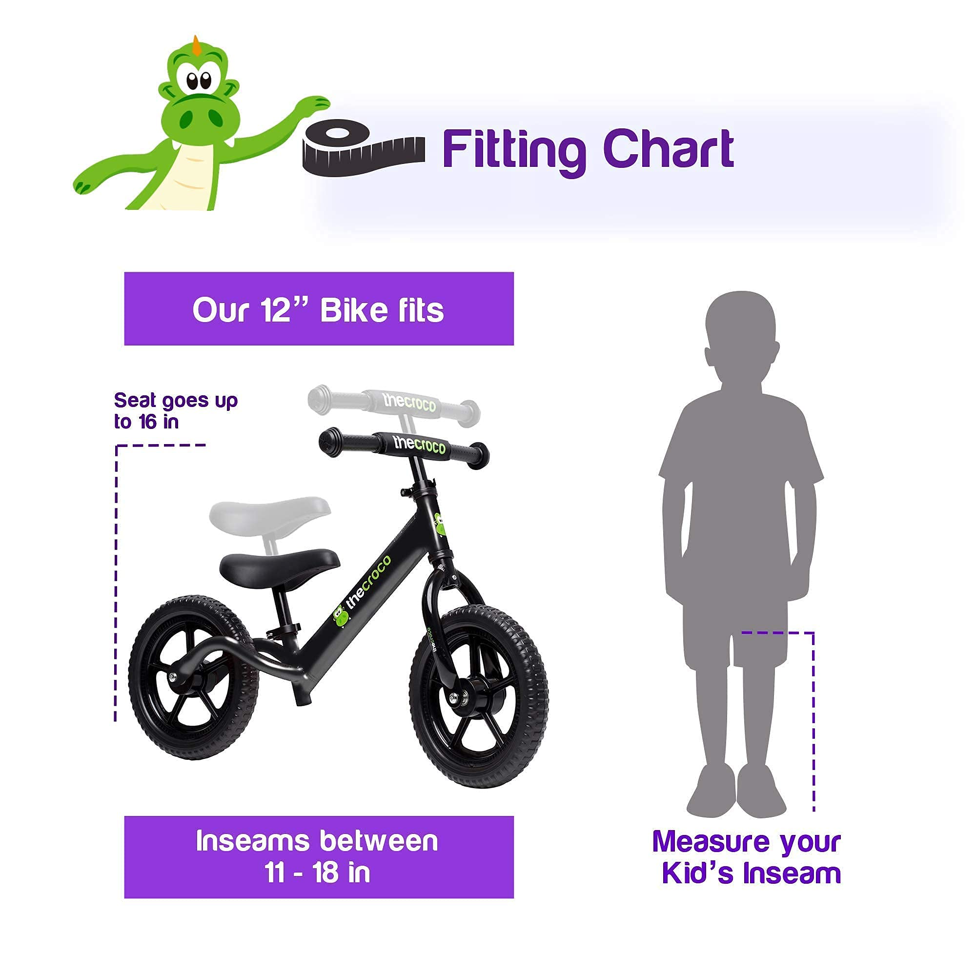 The Original Croco Ultra Lightweight and Sturdy Balance Bike.2 Models for 2, 3, 4 and 5 Year Old Kids. Unbeatable Features. Toddler Training Bike, No Pedal. (Black, Ultralight 12 Inch)