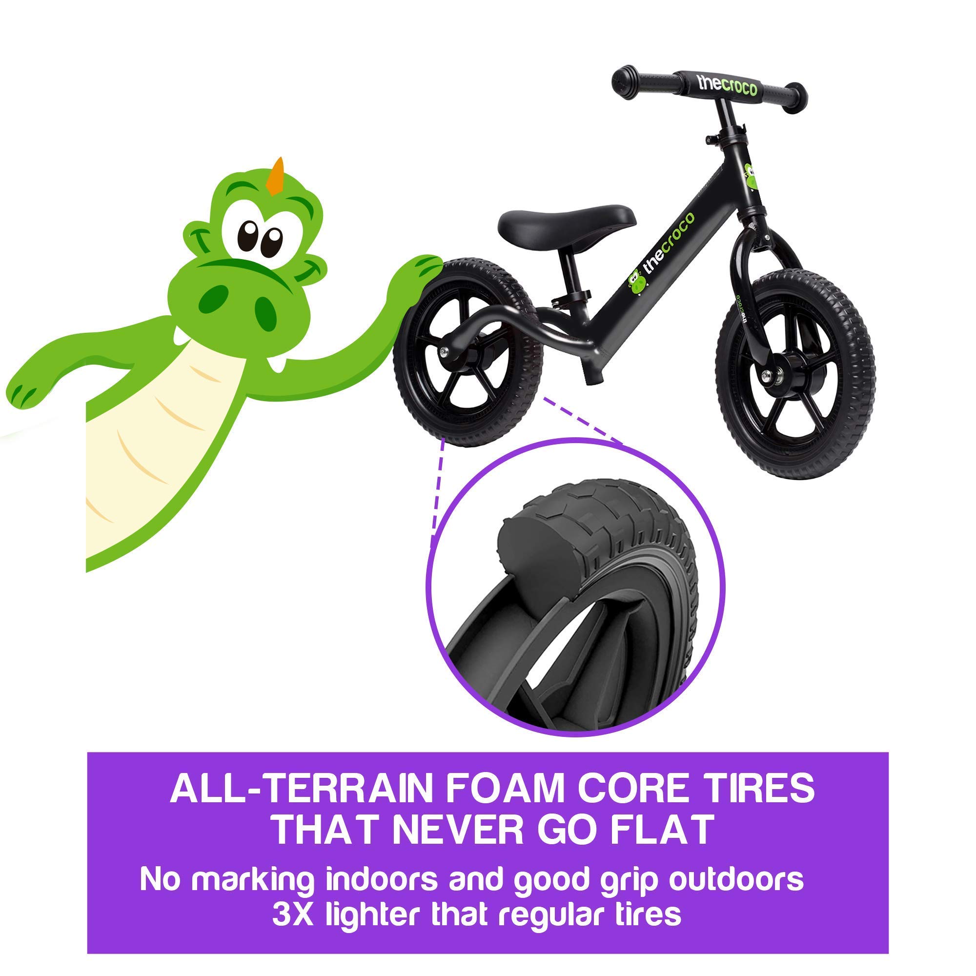 The Original Croco Ultra Lightweight and Sturdy Balance Bike.2 Models for 2, 3, 4 and 5 Year Old Kids. Unbeatable Features. Toddler Training Bike, No Pedal. (Black, Ultralight 12 Inch)