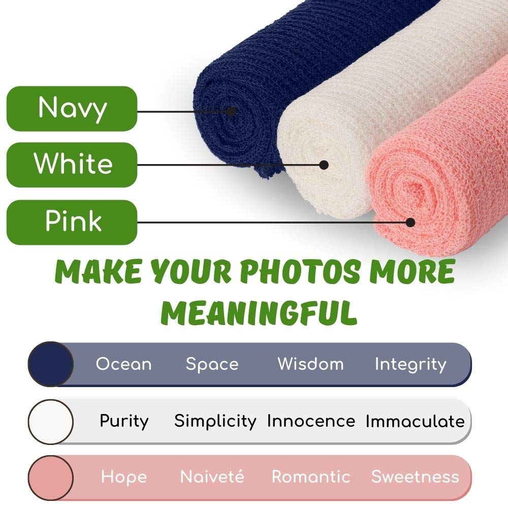 Newborn Photography Props, 3 Pcs Baby Stretch Wraps, Professional Baby Photo Props Long Ripple Wrap, for 0-6 Months Baby (Navy+White+Pink)