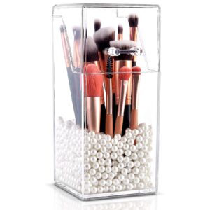 innsweet makeup brush holder organizer, dustproof cosmetics brush storage with white pearls