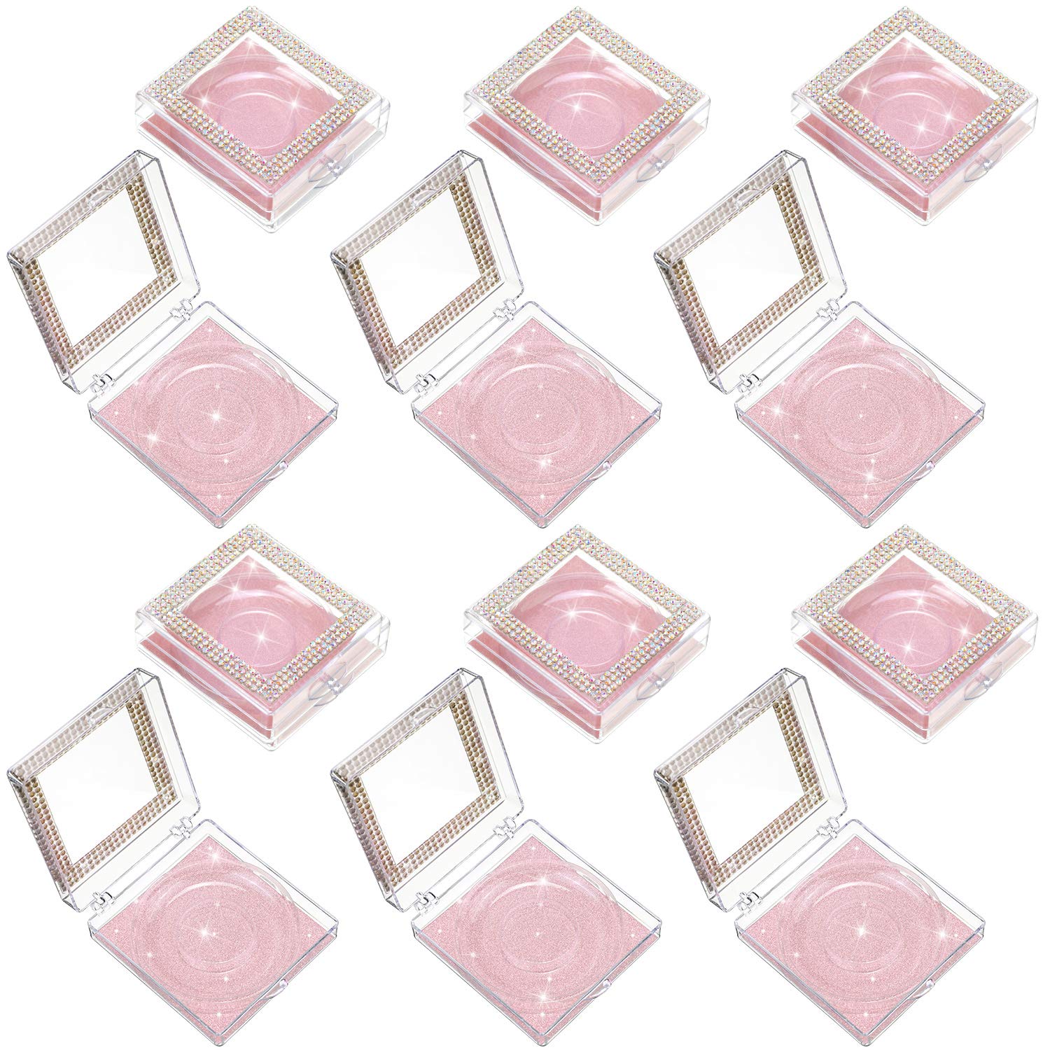 12 Pieces 3D False Eyelashes Packaging Boxes Rhinestones Square Lash Case Empty Eyelash Storage Boxes with Glitter Paper and Clear Tray for Women Girls Eyelash Care (Rose Gold)