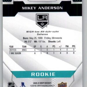 2020-21 Upper Deck MVP Hockey #227 Mikey Anderson RC Rookie Card Los Angeles Kings Official NHL Trading Card From The UD Company