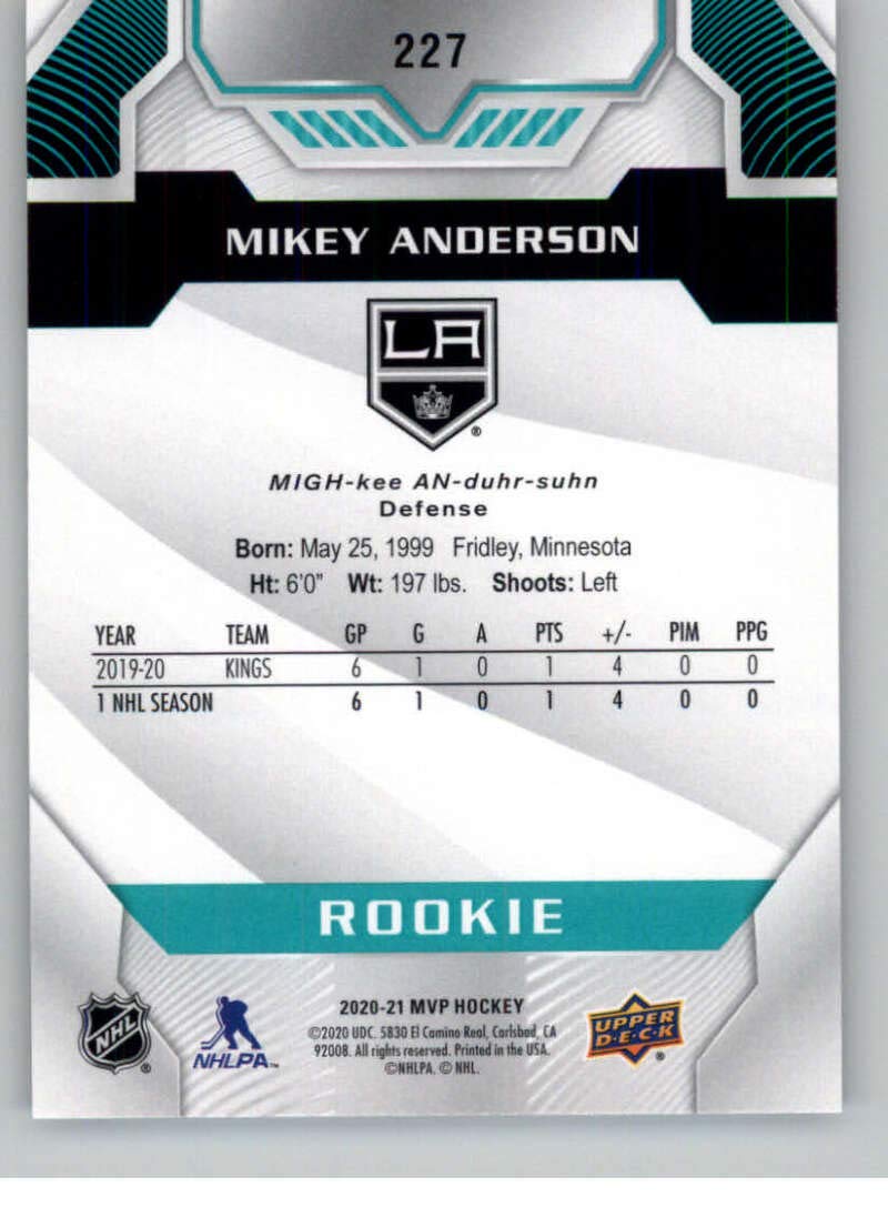 2020-21 Upper Deck MVP Hockey #227 Mikey Anderson RC Rookie Card Los Angeles Kings Official NHL Trading Card From The UD Company