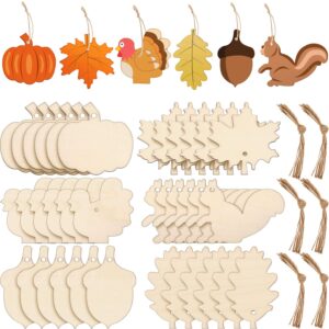 60 pieces thanksgiving unfinished wooden ornaments maple leaves pumpkin wood cutout squirrel acorn blank wooden ornament for thanksgiving fall party diy decor supplies, 6 styles