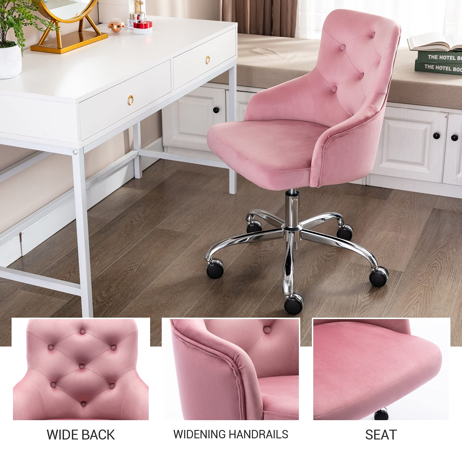 Five stars Furniture Home Office Chair,Tufted Velvet Button Computer Desk Chair Adjustable Height Swivel Task Chair (Purlish Pink)