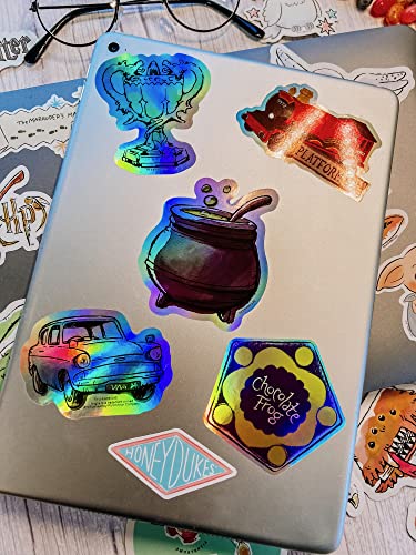 Conquest Journals Harry Potter Watercolor Vinyl Stickers, Set of 60 Unique Stickers Including 5 Holograms, Waterproof and UV Resistant, Great for All Your Gadgets (White Vinyl, 60 Pack)