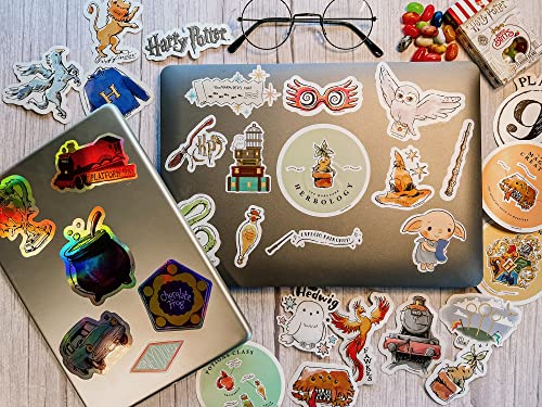 Conquest Journals Harry Potter Watercolor Vinyl Stickers, Set of 60 Unique Stickers Including 5 Holograms, Waterproof and UV Resistant, Great for All Your Gadgets (White Vinyl, 60 Pack)